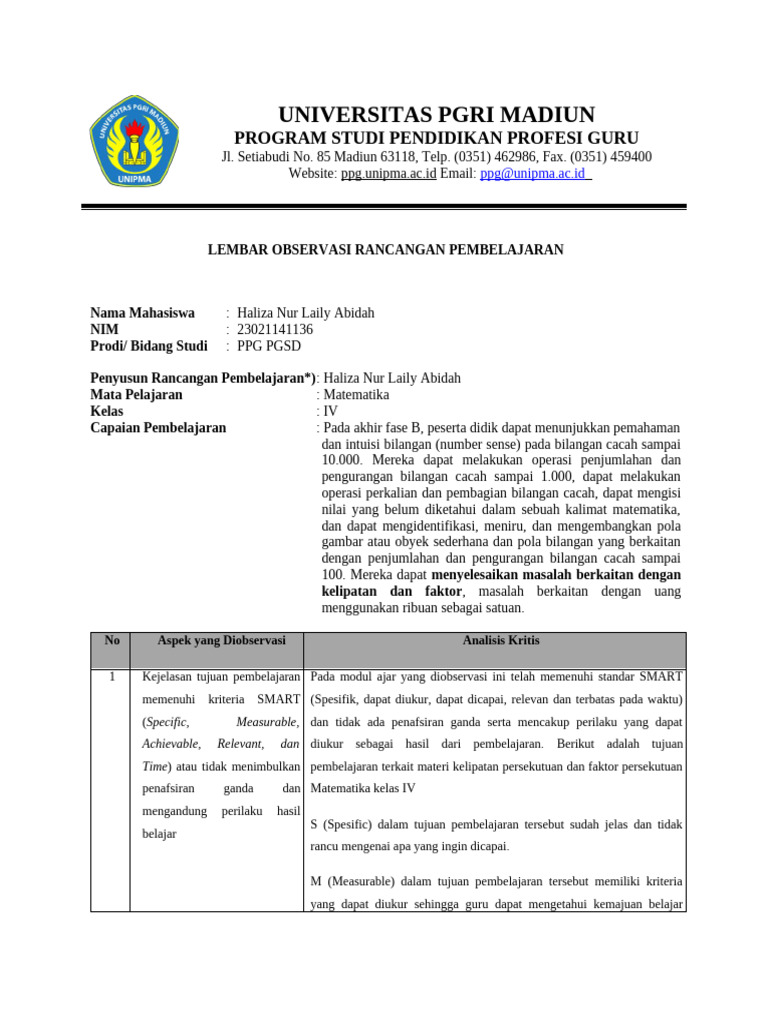 01.05.6-B4-4 Unggah LK 3 - Lembar Observasi Rancangan Dan Perangkat Pembelajaran - Siklus 1 | PDF
