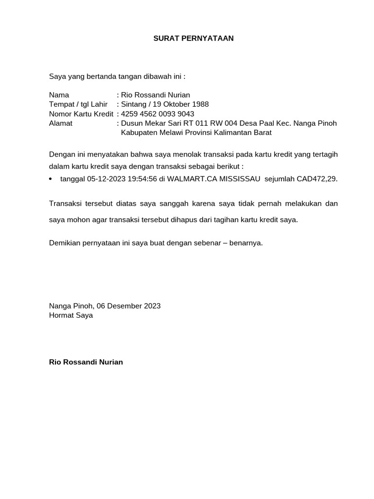 SURAT PERNYATAAN Sanggahan | PDF