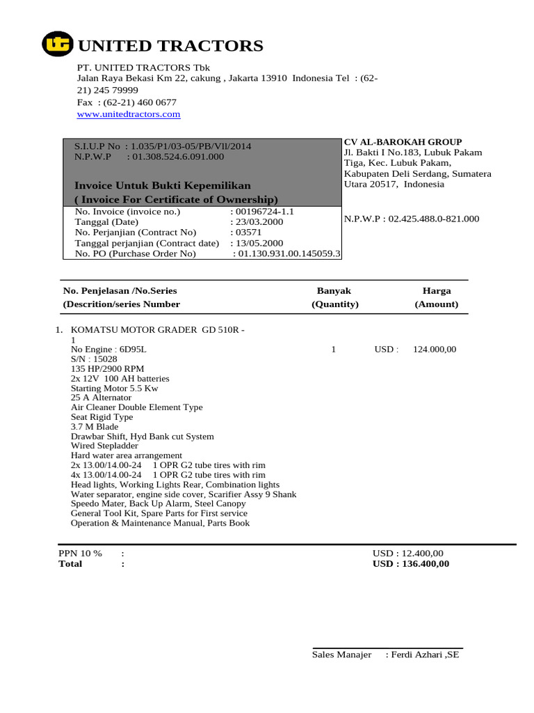 United Tractors: Invoice Untuk Bukti Kepemilikan (Invoice For ...