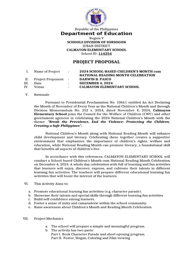 2024 Childrens Month Project Proposal 1 | PDF | Behavior Modification | Learning