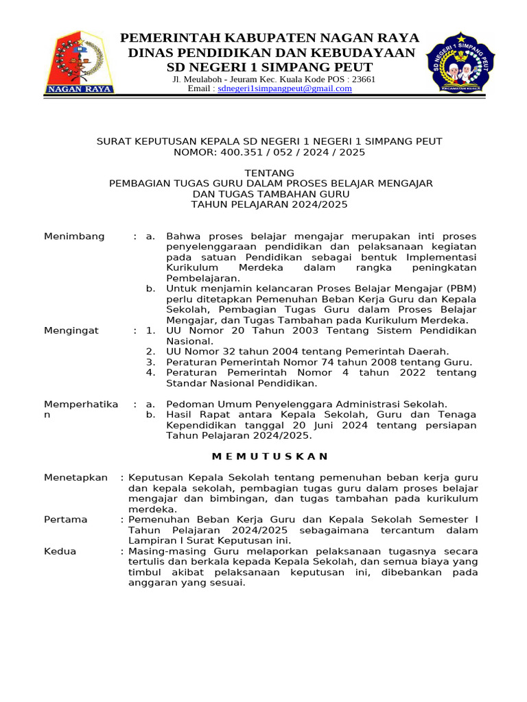 SK Pembagian Tugas Kurikulum Merdeka SDN 1 Puunokullo - Revisi | PDF