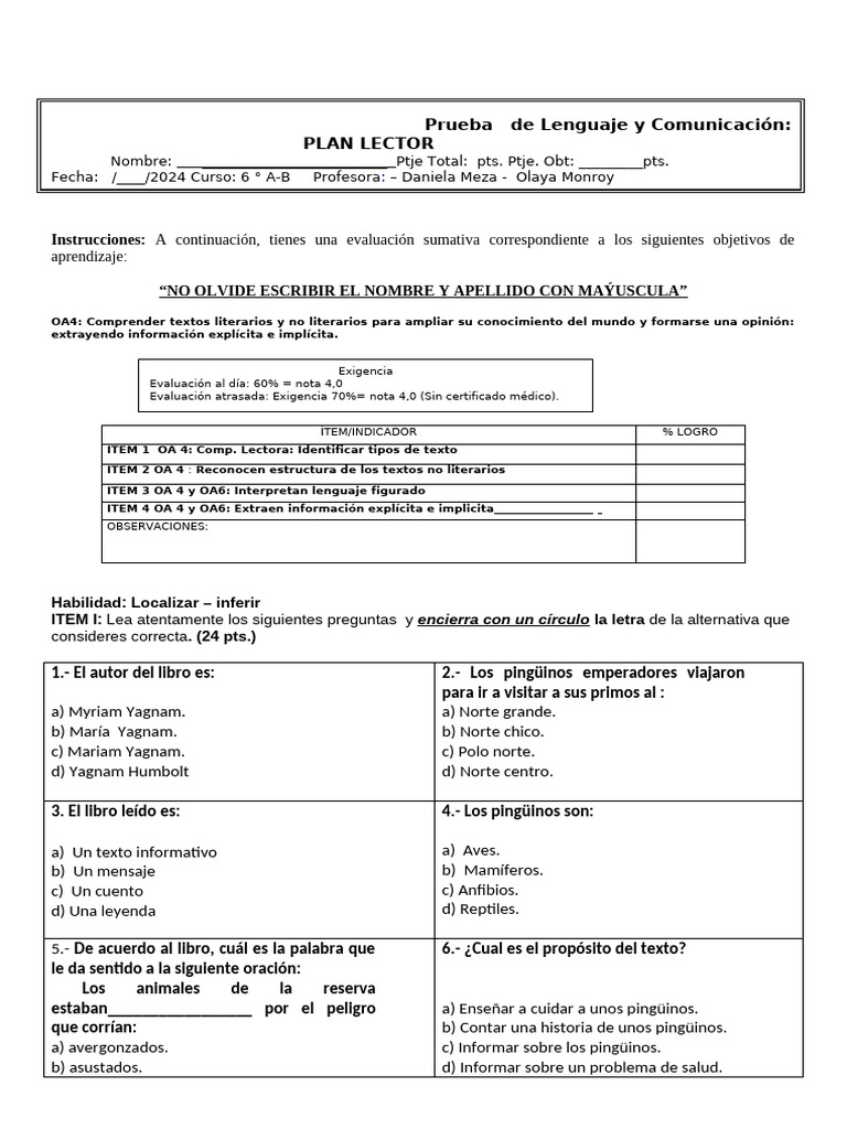 prueba plan lector pinguinos de hambold 3 basico | PDF | Pingüino