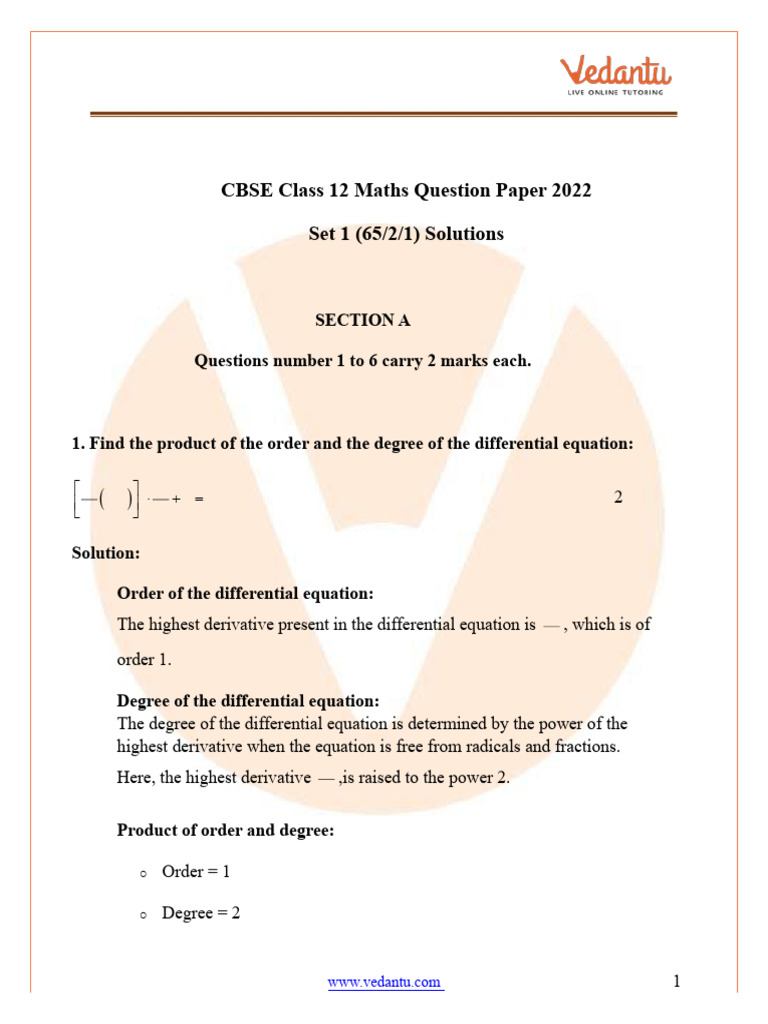 Class 12 Maths 2022 Set-1 (65 - 2 - 1) Question Paper With Solutions ...