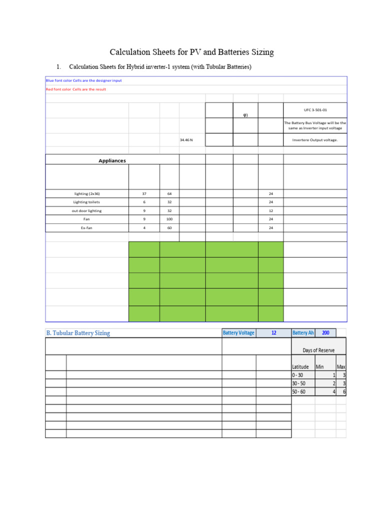 Calculation Sheets for PV and Batteries Sizing | PDF | Solar Panel ...
