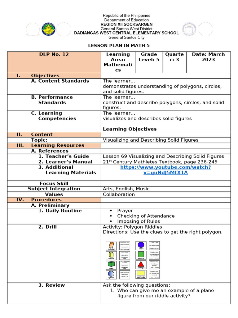 LESSON PLAN IN MATH 5 | PDF | Triangle | Shape
