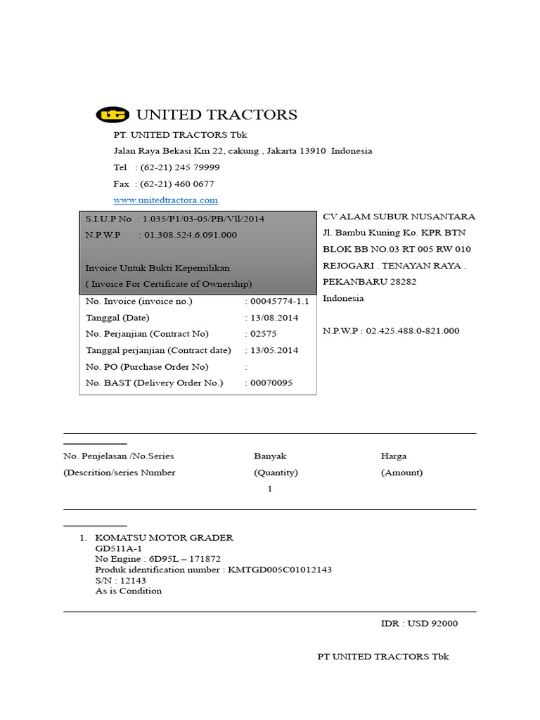 Invoice for Komatsu Motor Grader | PDF