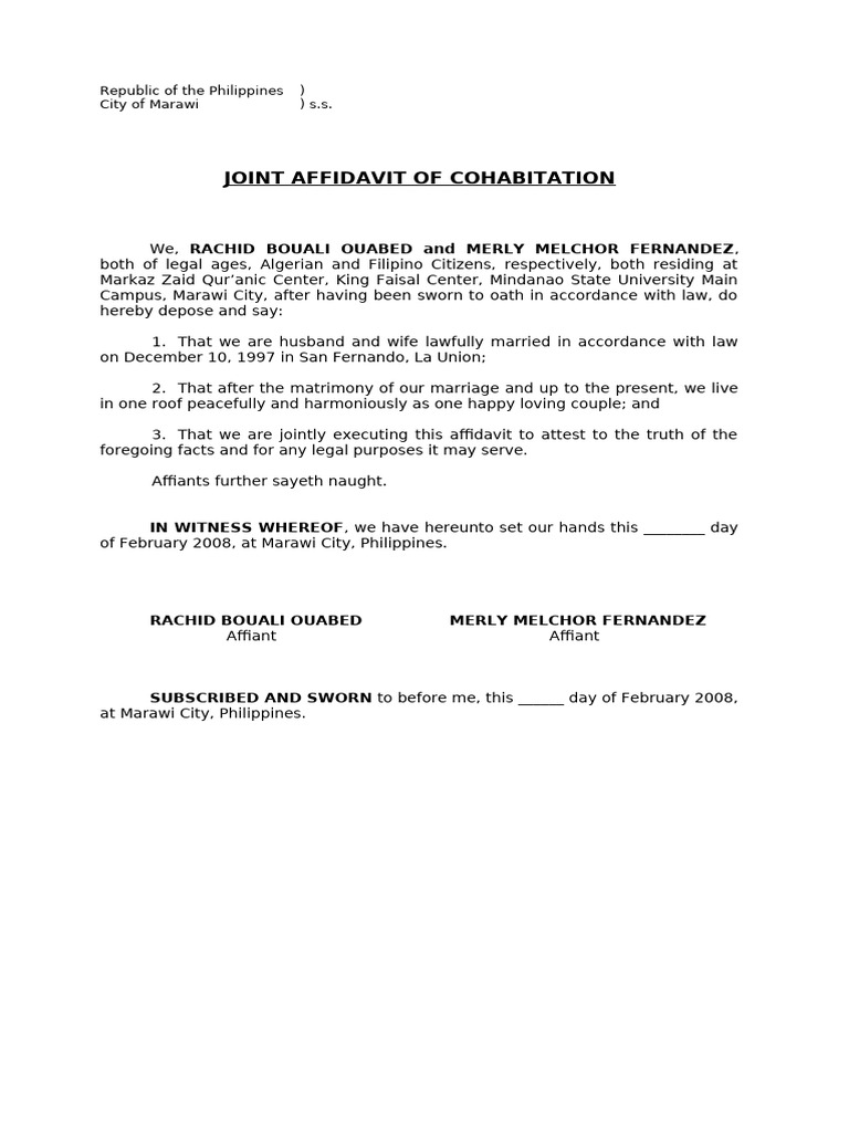Joint Affidavit of Cohabitation | PDF