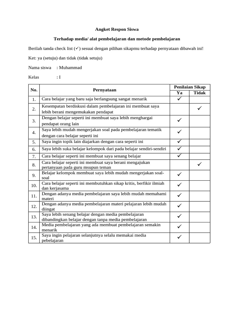 Angket Respon Siswa Metode Dan Media | PDF