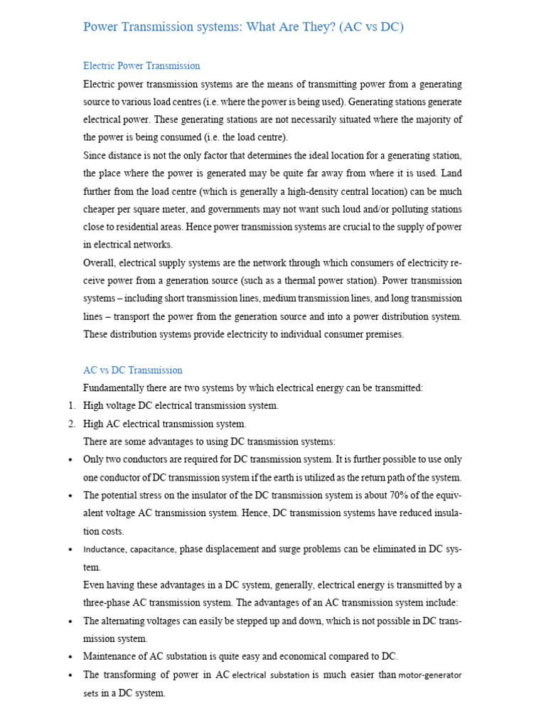 Power Transmission Systems: AC vs DC Explained | PDF | Electric Power ...