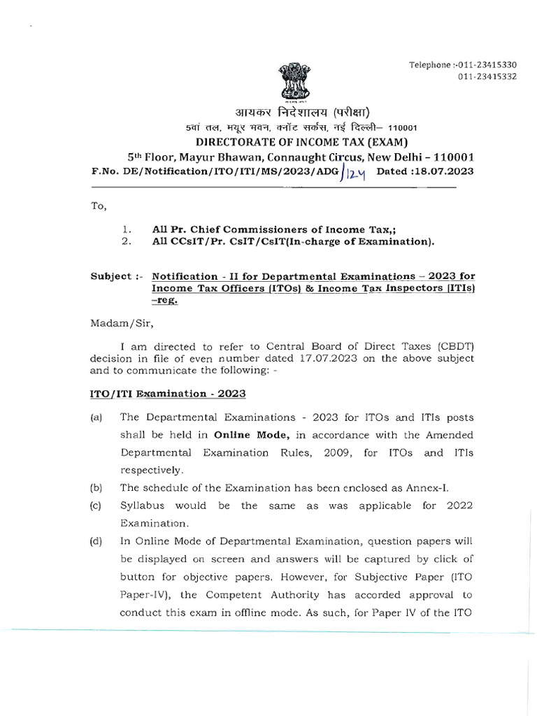 Income Tax Department Exam Notice 2023 | PDF