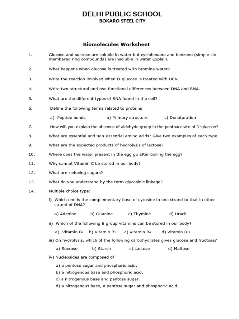 12 Chemistry Biomolecules Worksheet | PDF
