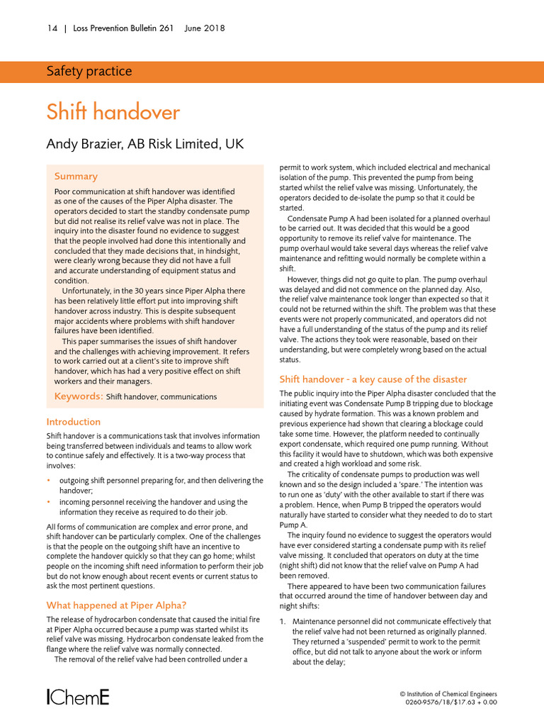 2018 LPB261 - pg14 Piper Alpha Shift Handover | PDF | Risk