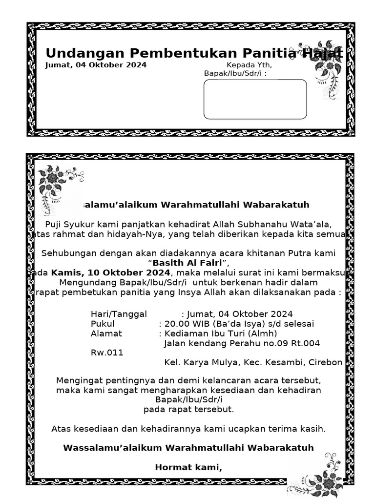 Contoh Surat Undangan Rapat Panitia Pernikahan | PDF