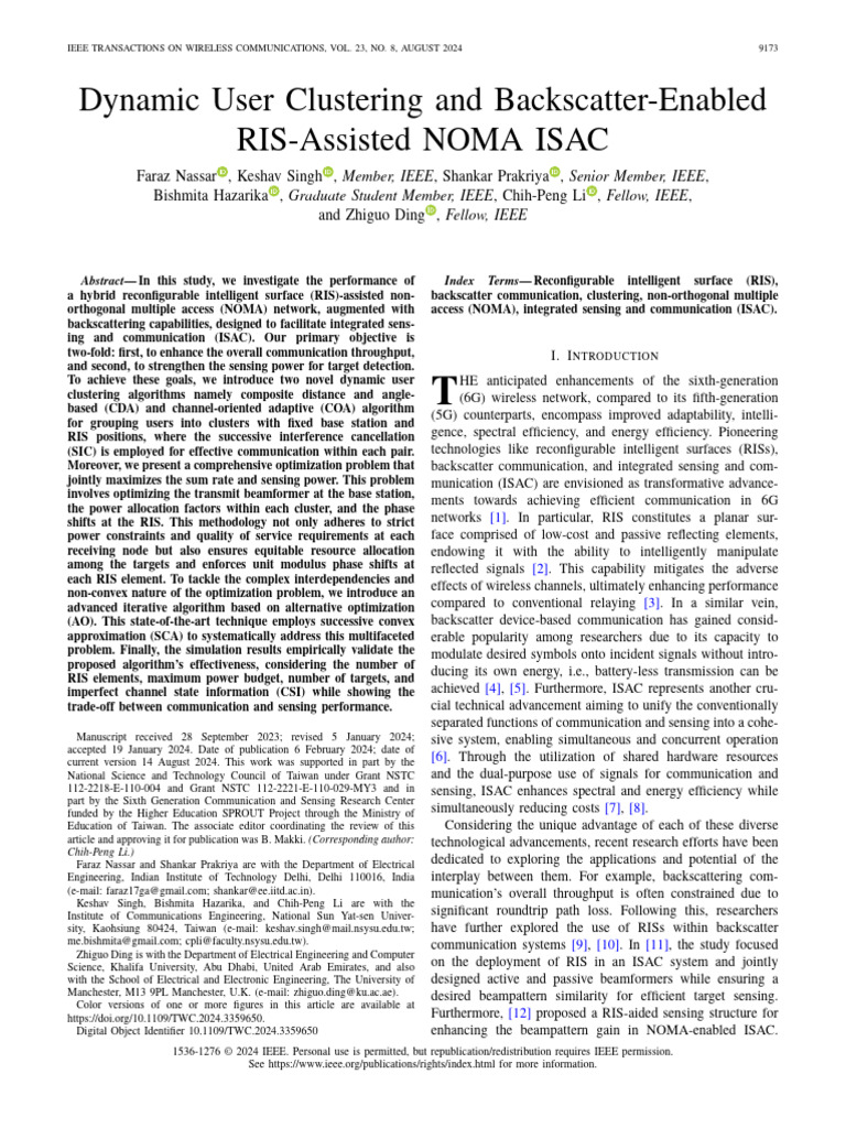 Dynamic User Clustering and Backscatter-Enabled RIS-Assisted NOMA ISAC | PDF | Communication ...