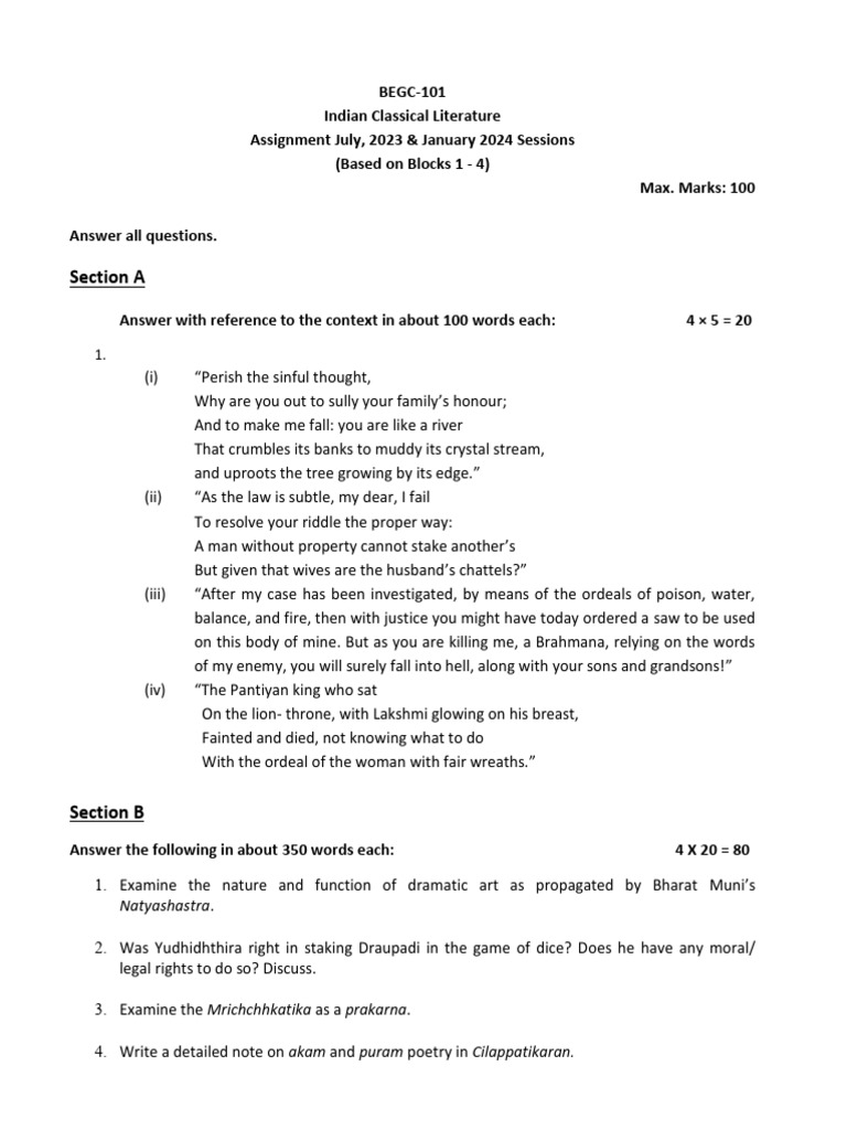 BEGC-101 Indian Classical Literature Assignment | PDF