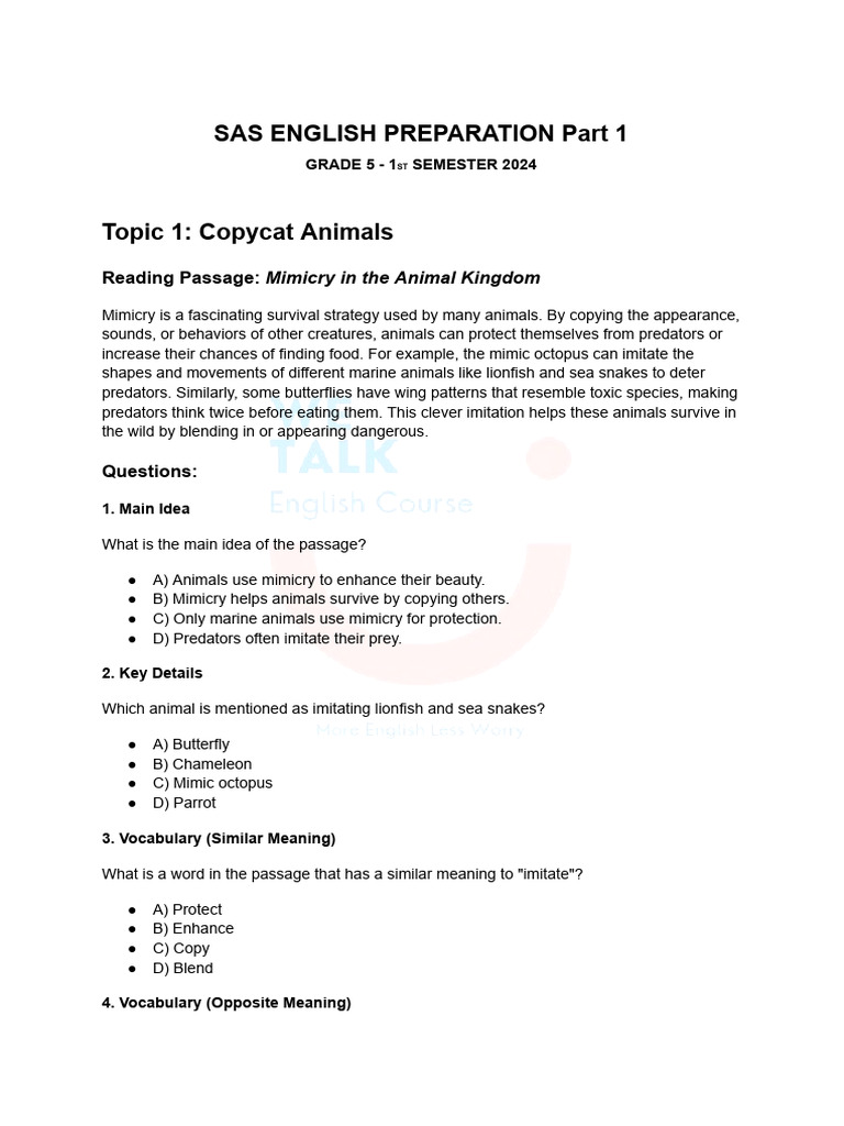 Grade 5 English Prep: Mimicry & Music | PDF | Extraterrestrial Life ...