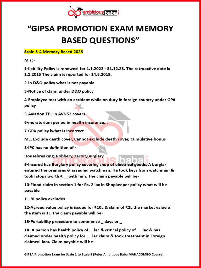 Ab Gipsa Promotion Memory Based Questions by Ambitious Baba | PDF | Reinsurance | Financial Services