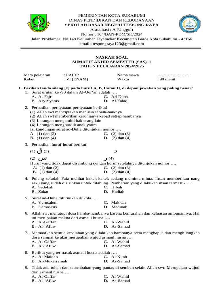 SOAL SAS PAI KELAS 6 SEMESTER 1 TAHUN 2024-2025 | PDF