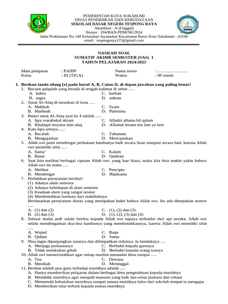 Soal Sas Kelas 3 Semester 1 Tahun 2024-2025 | PDF