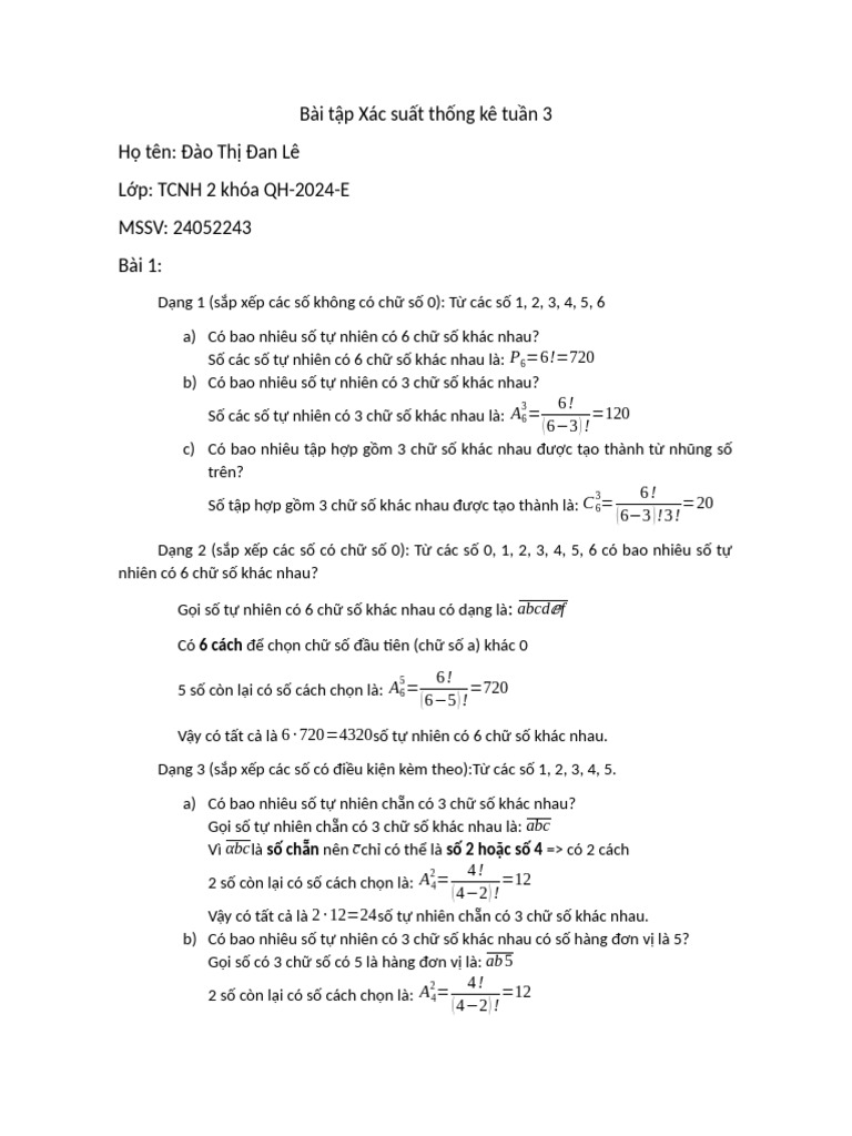 Đào Thị Đan Lê - 24052243 - BT XSTK | PDF