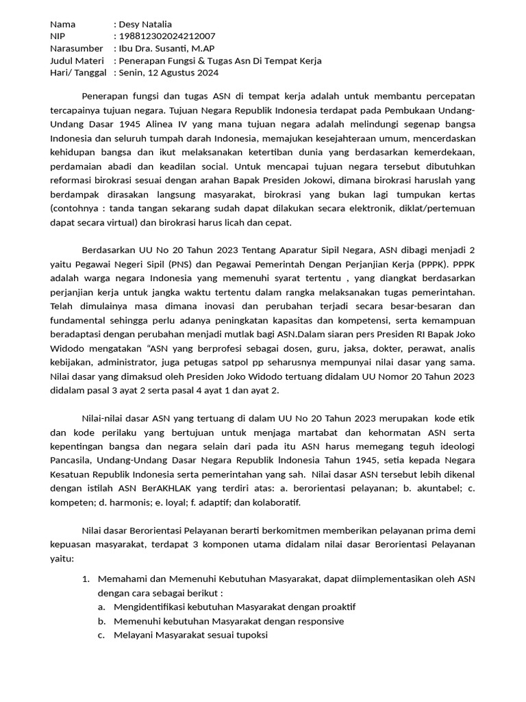 Resume Materi Penerapan Fungsi dan Tugas ASN Di Tempat Kerja | PDF
