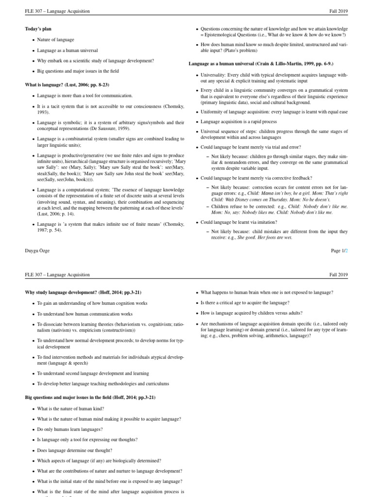 Week 1 2 Handout Pdf Language Acquisition Linguistics