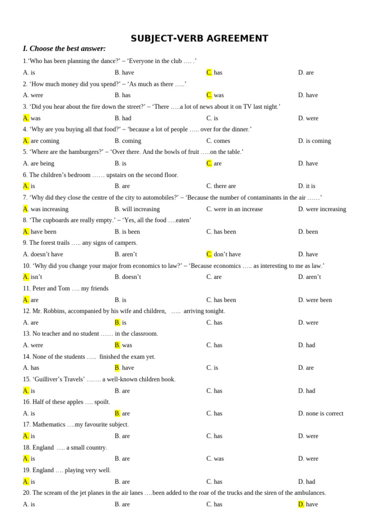 Exercises On Subject - Verb Agreement | PDF