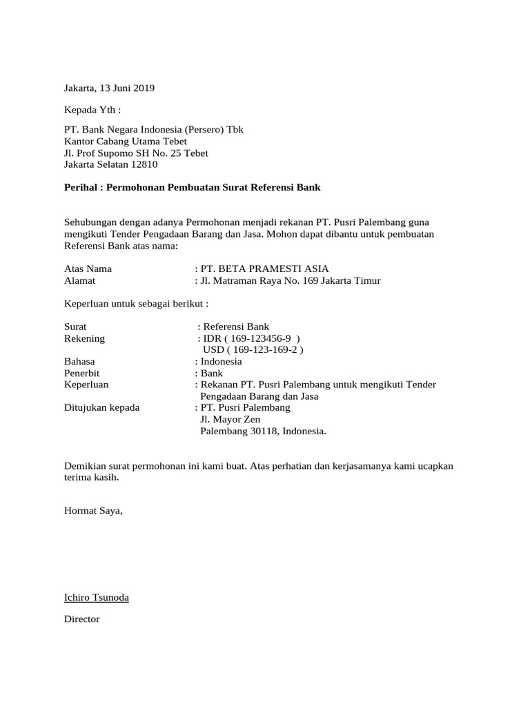 Permohonan Referensi Bank PT. Beta Pramesti Asia | PDF
