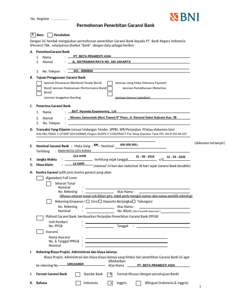 Permohonan Garansi Bank PT Beta Pramesti Asia | PDF