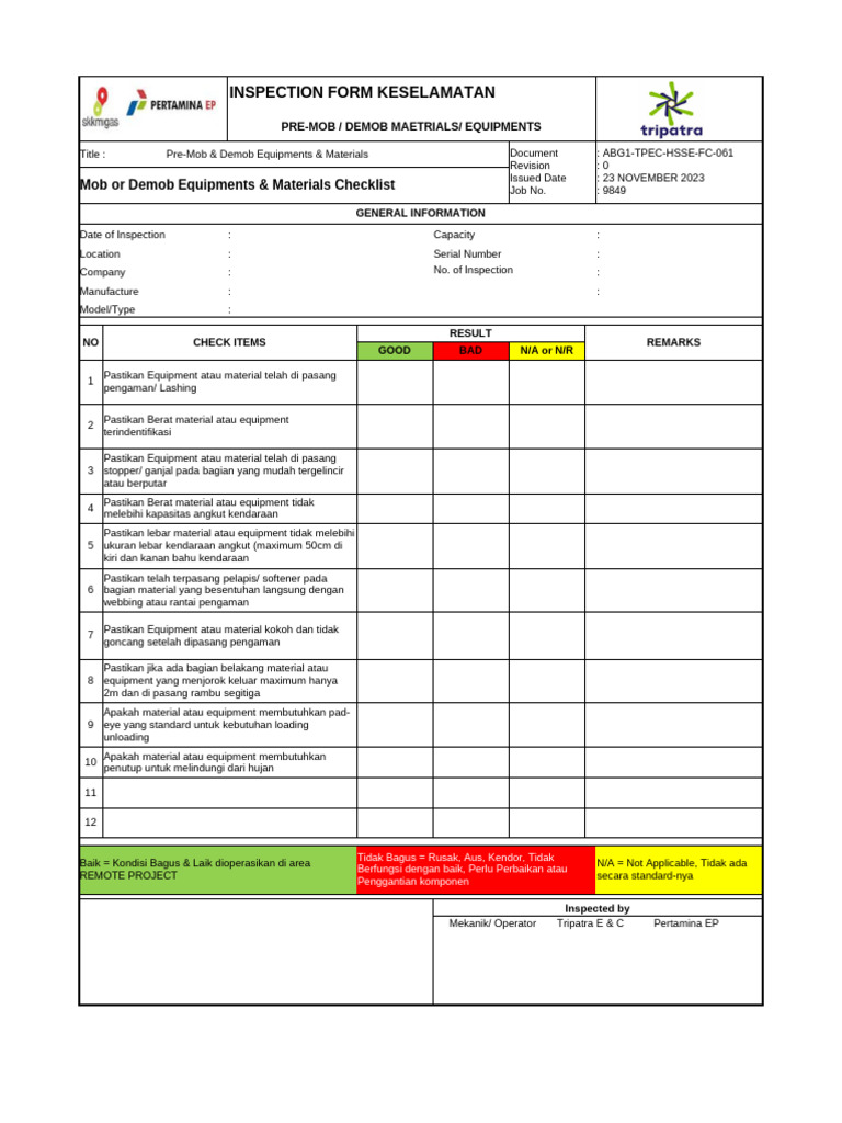 Checklist Inspeksi Pre-Mob/Demob | PDF