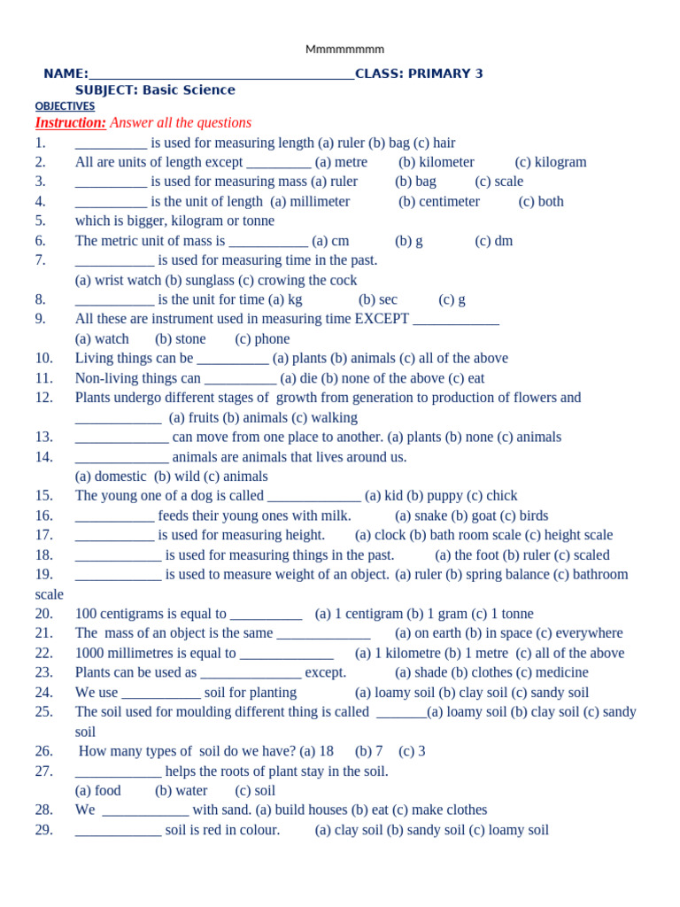 FIRST TERM EXAM Questions - ALL PRIMARY | PDF | Foods | Clef