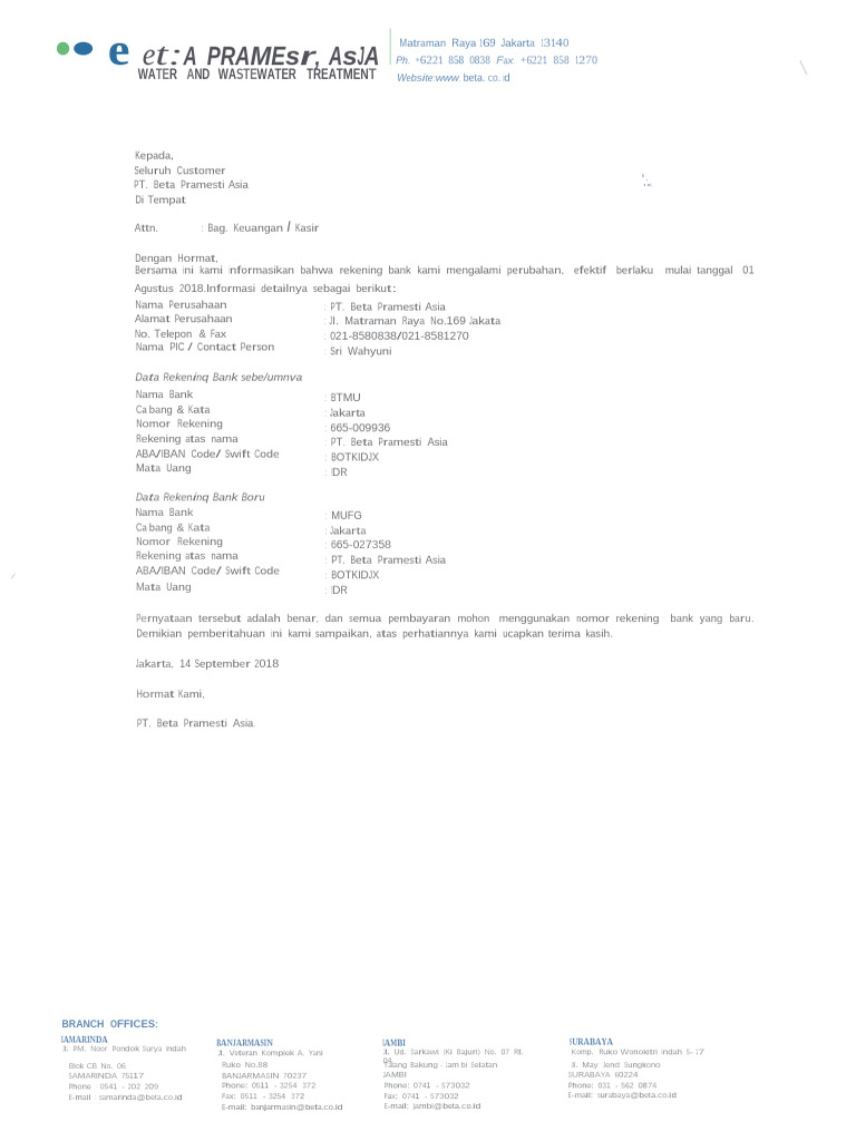 Perubahan Rekening Bank PT. Beta Pramesti | PDF