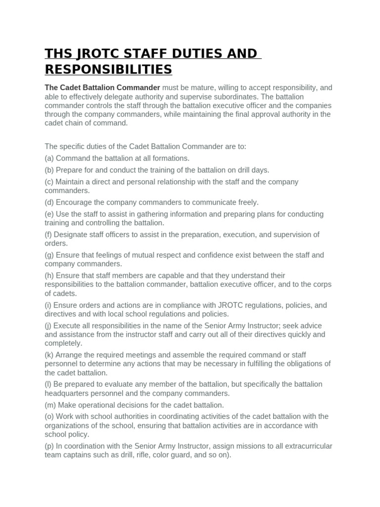 JROTC Cadet Staff Duties Overview | PDF | Staff (Military) | Executive ...