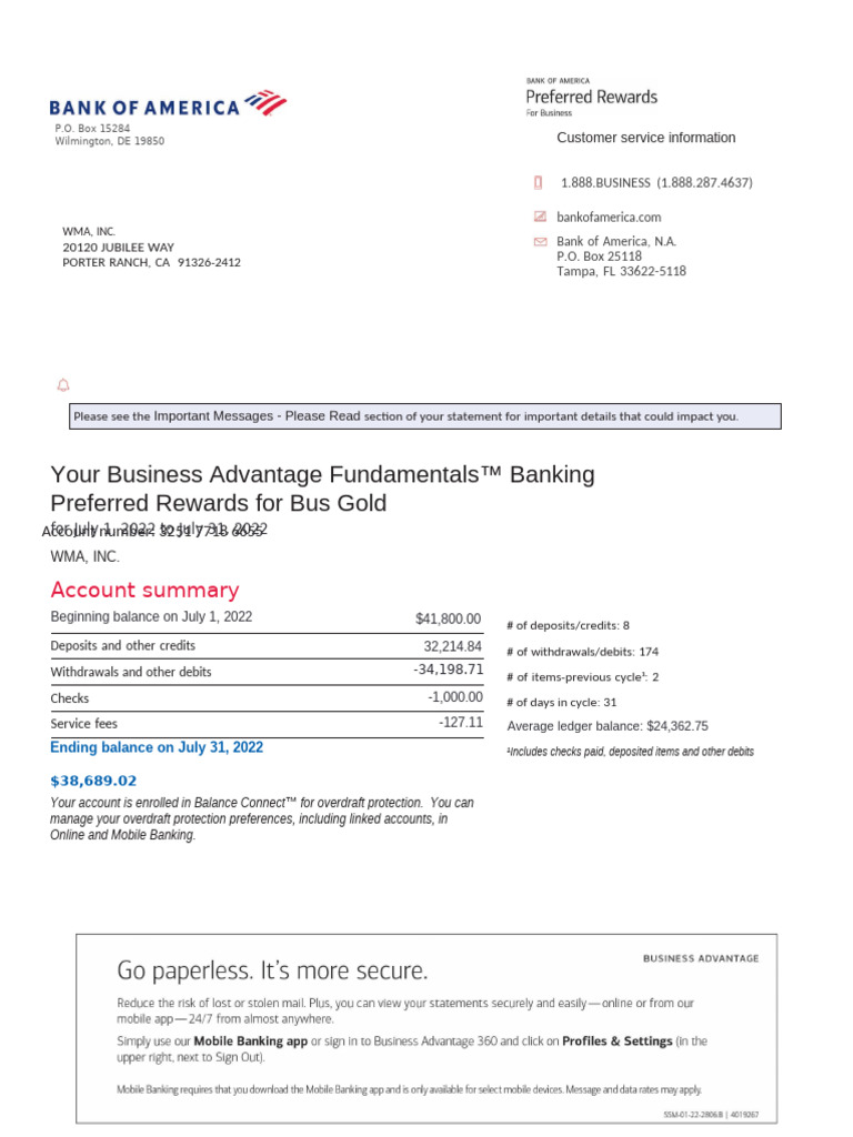 Bank of America Statement | PDF | Overdraft | Fee