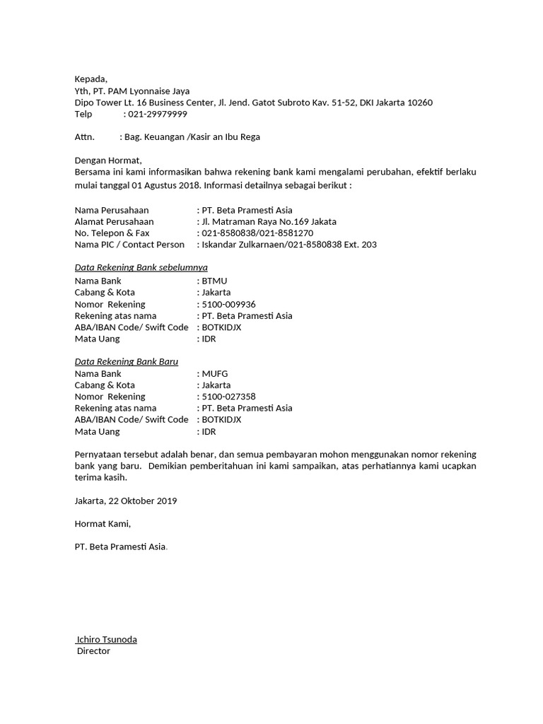 Perubahan Rekening Bank PT. Beta Pramesti | PDF