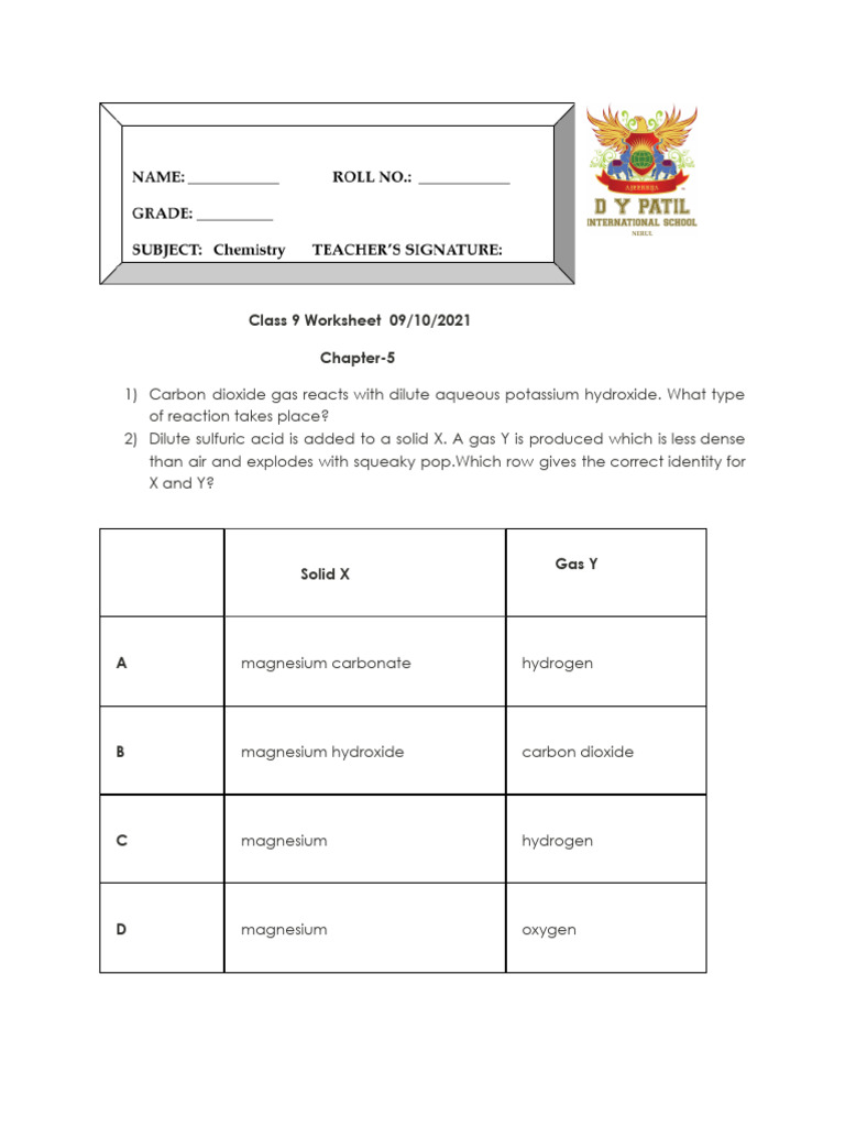 Class 9 Chemistry Reaction Worksheet | PDF