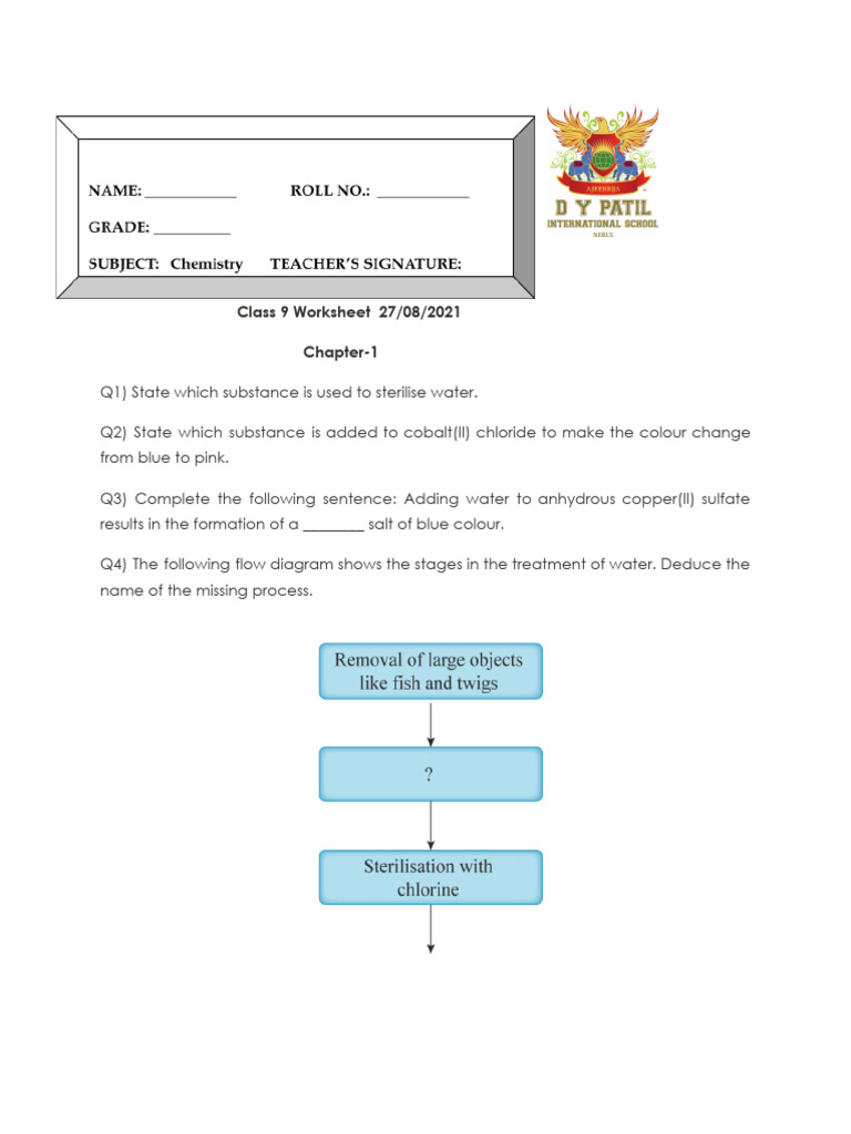 Class 9 Science Worksheet on Water and Reactions | PDF