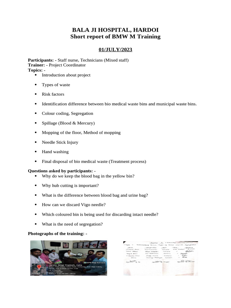 BALA JI HOSPITAL - Docx Training Record | PDF | Waste | Medicine
