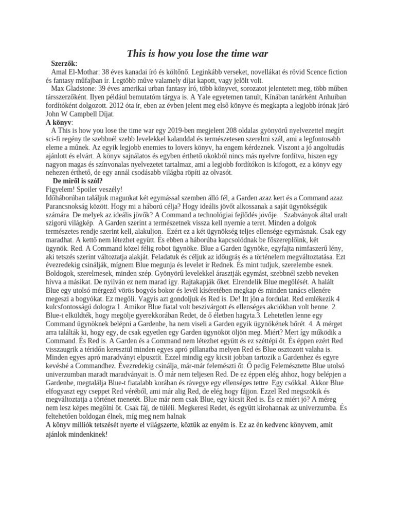 This Is How You Lose The Time War Összefoglaló | PDF