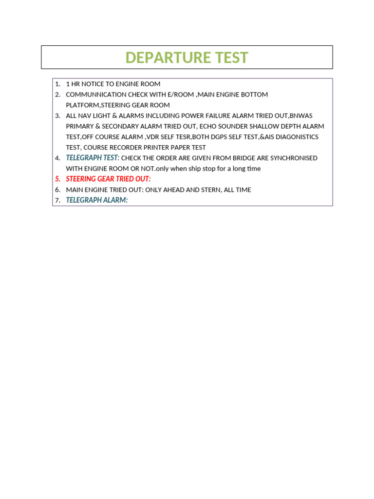 Departure Test Checklist for Vessels | PDF