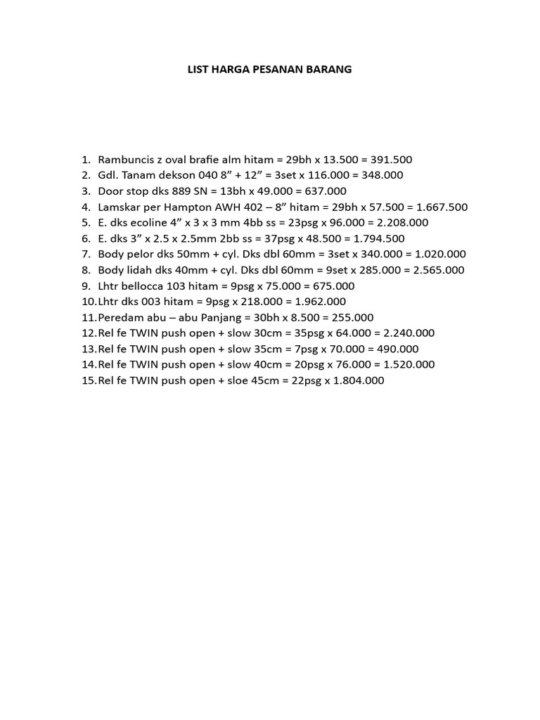 List Harga Pesanan Barang | PDF