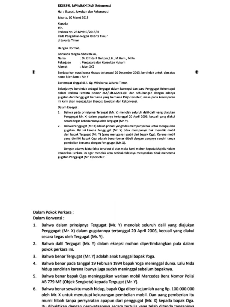 Contoh Eksepsi, Jawaban Dan Rekonvensi Perdata | PDF