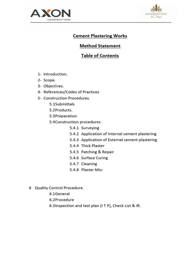 MS of Cement Plastering Works-01 | PDF | Plaster | Concrete
