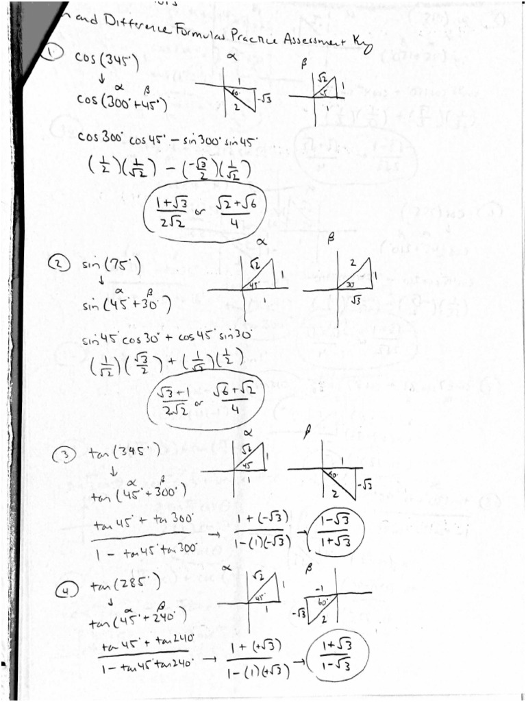 Sum and Difference Formulas Practice Assessment Key | PDF