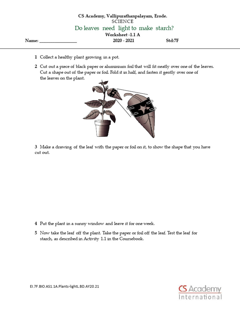 EI 7F BIO AS1 1A Plants-lightL BD AY20 21 | PDF