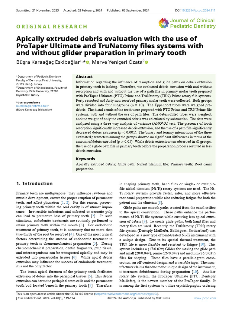 Debris Extrusion in Primary Teeth Study | PDF | Dentistry Branches ...