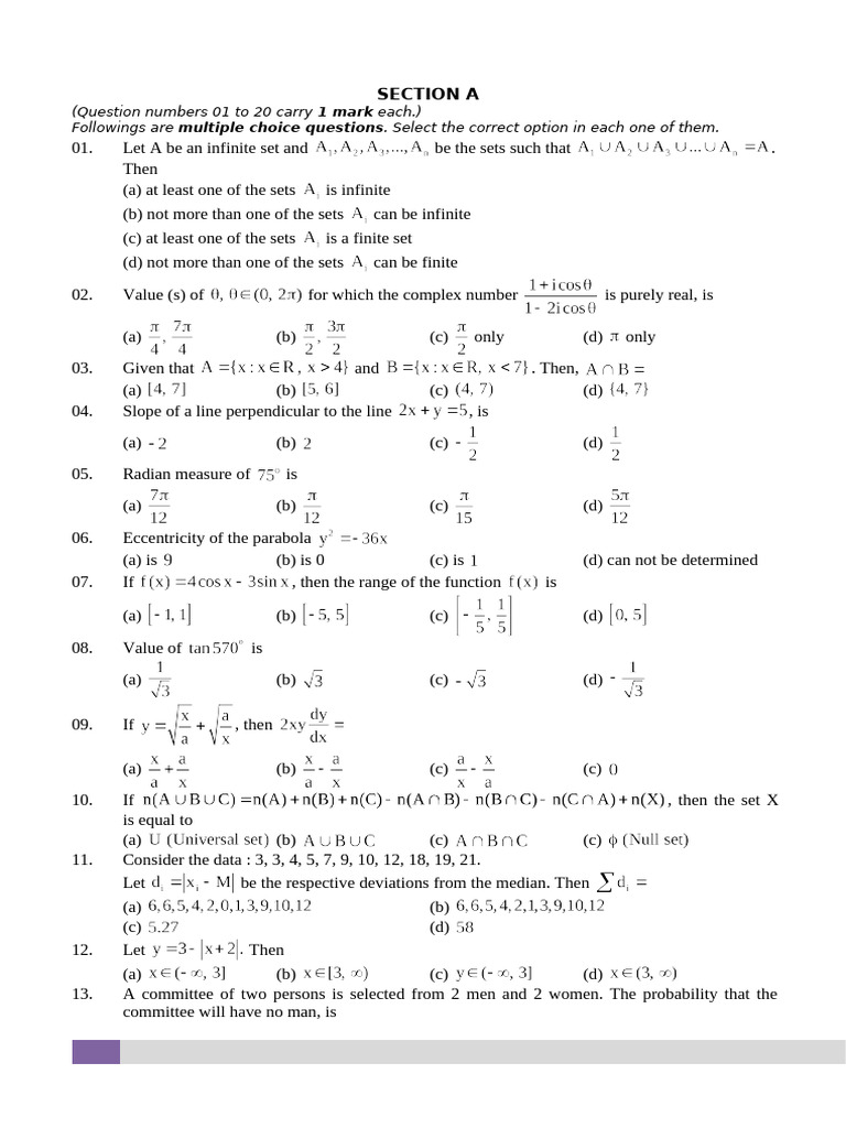 Model paper 5 (XI 2024-25) Math | PDF | Variance | Mathematical Concepts