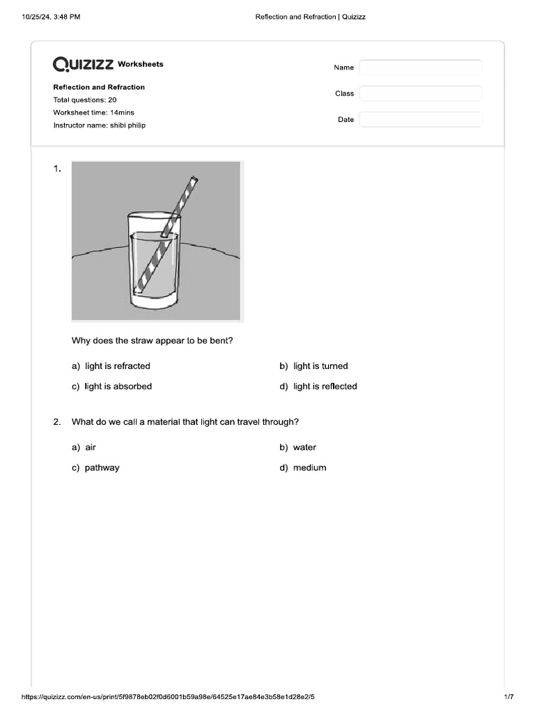 Quizizz - Reflection and Refraction | PDF