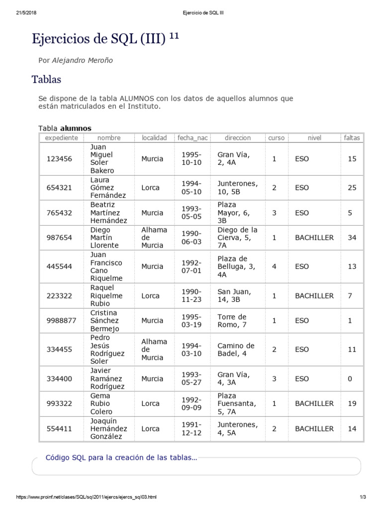 SQL - Ejercicio de SQL III Alumnos | PDF