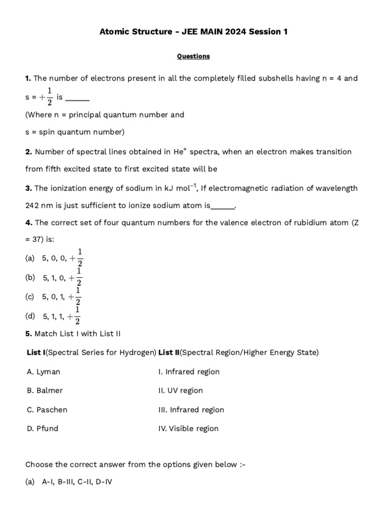 JEE Main 2024: Atomic Structure PYQs | PDF | Atomic Orbital | Physical ...